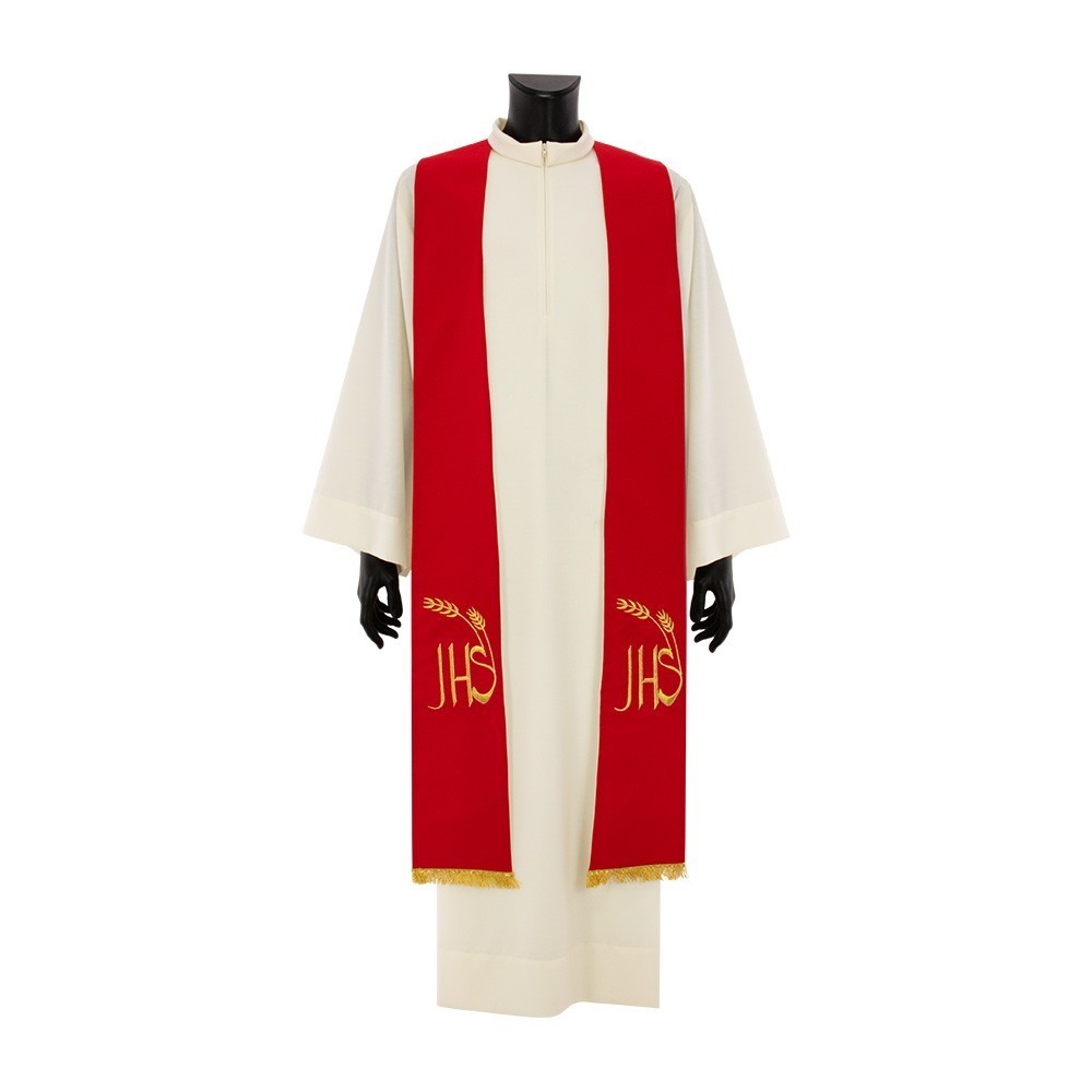 Red priest stole with golden fringe and JHS embroidery
