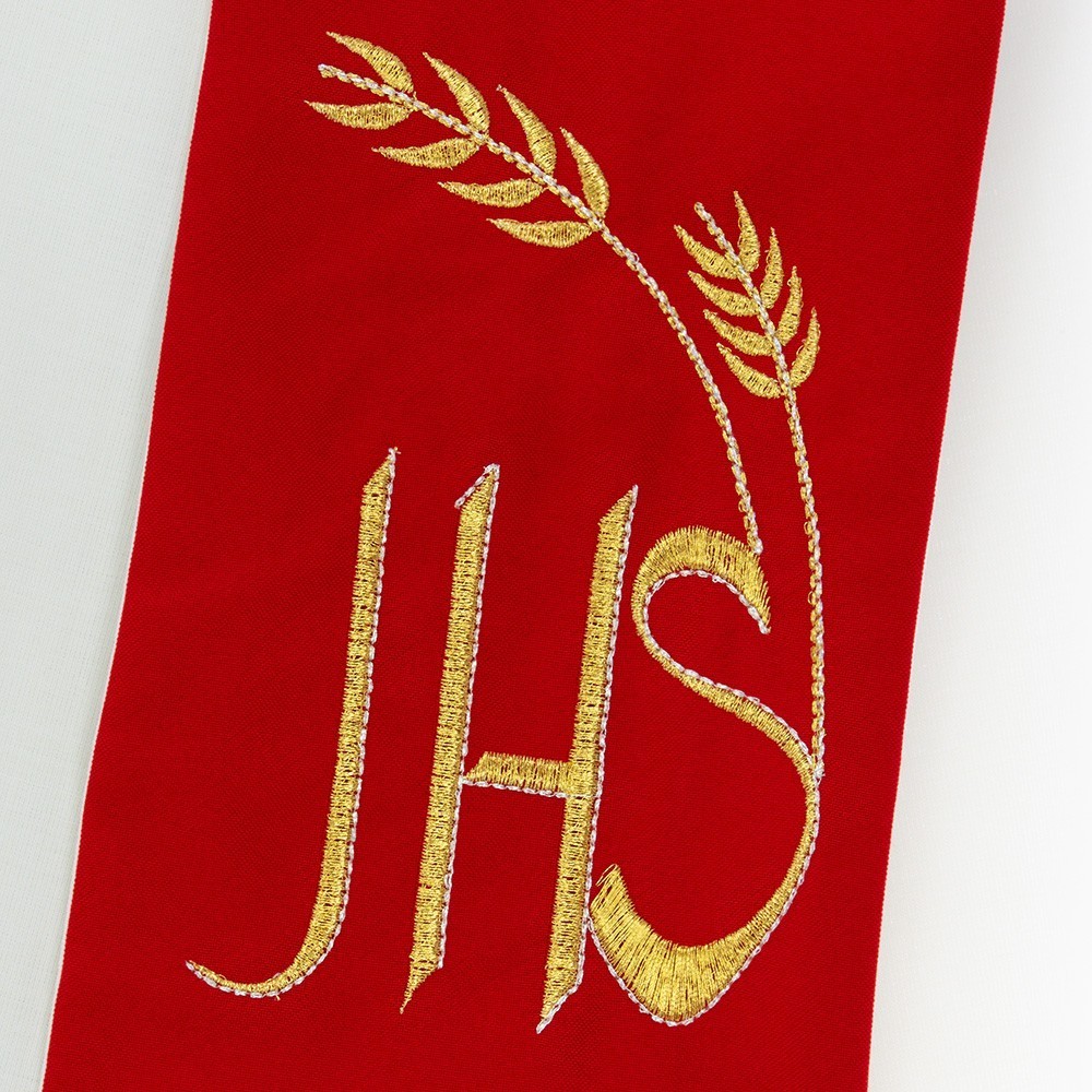 Red priest stole with golden fringe and JHS embroidery