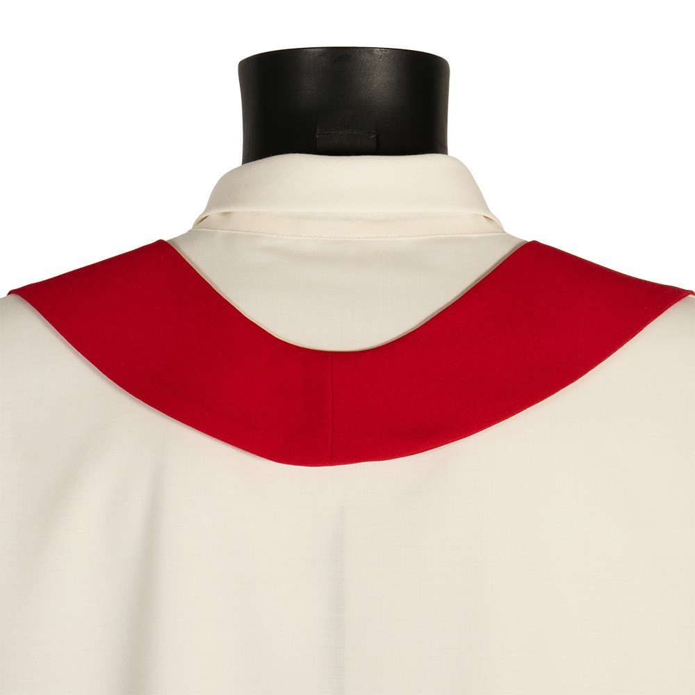 Red priest stole with golden fringe and JHS embroidery