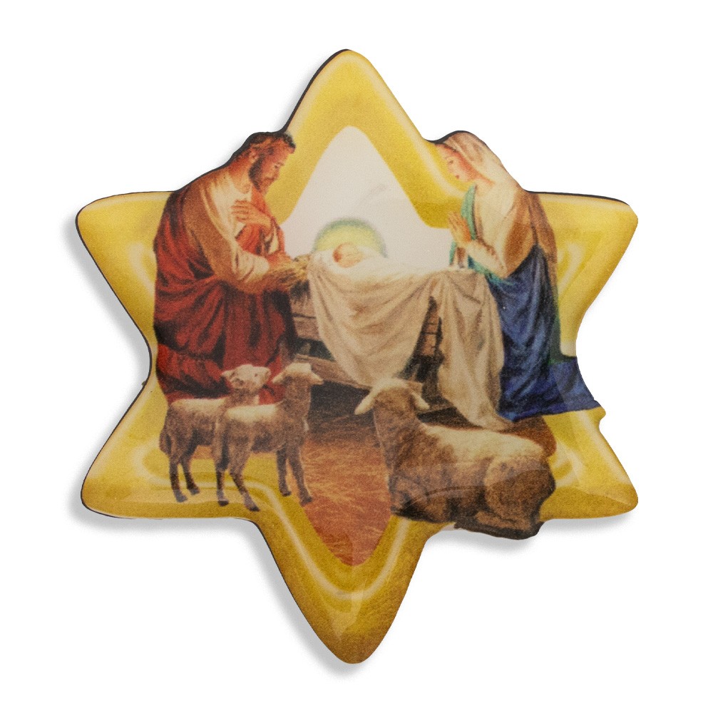 Star-shaped magnet in resin with image of the Nativity