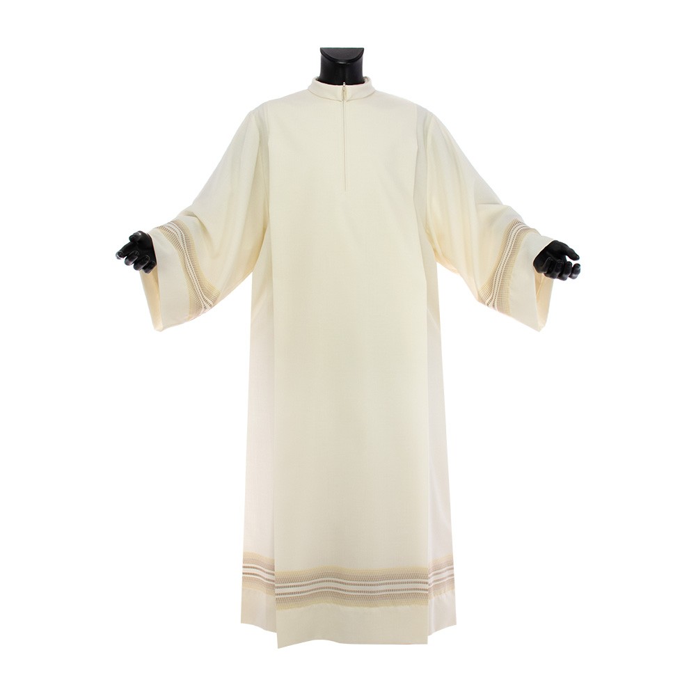 Liturgical alb with golden and brown embroidered stripes | Myriam